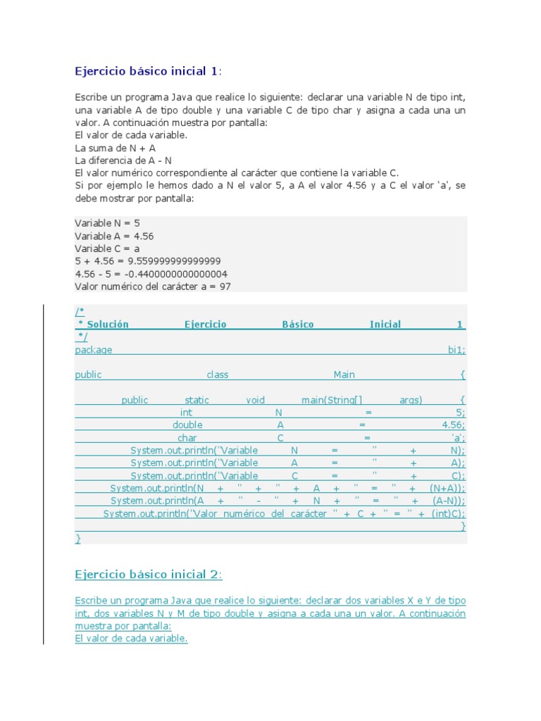 Ejercicio Básico Inicial 1 | PDF | Java (lenguaje de programación) | Entero