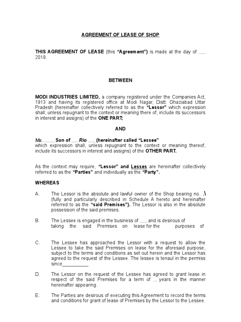Agreement of Lease of Shop | PDF | Lease | Leasehold Estate