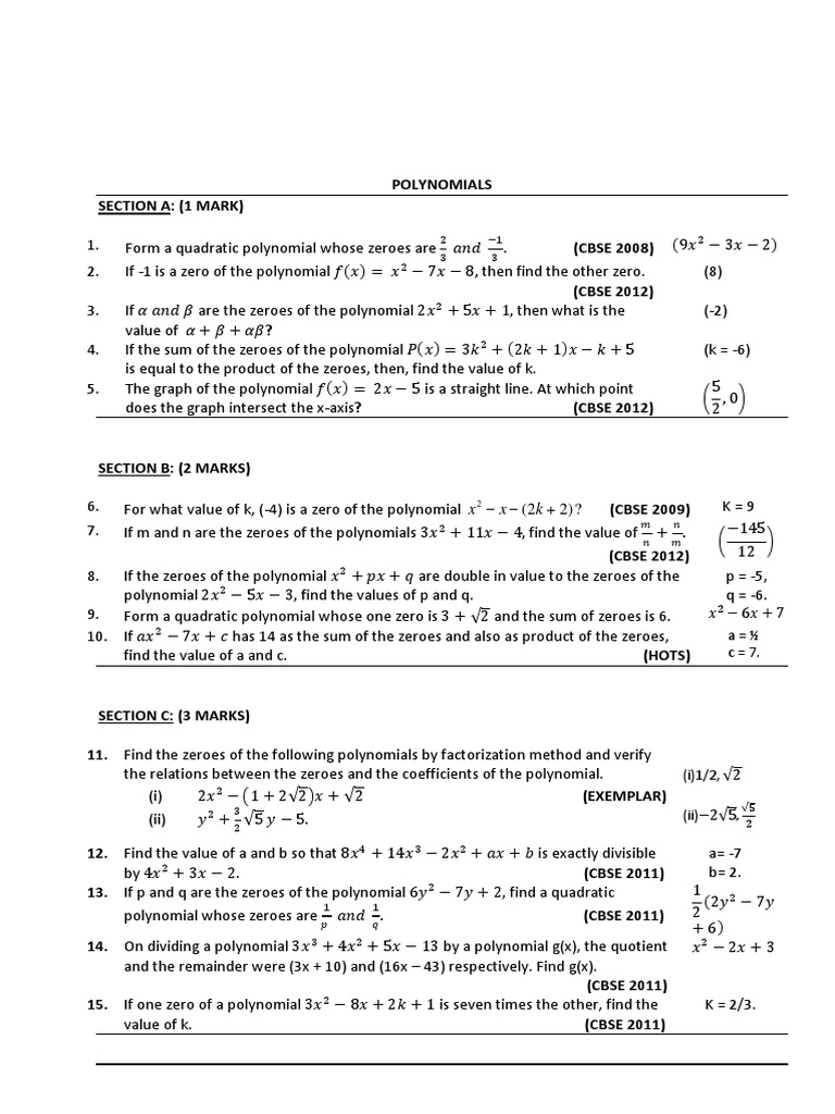 CBSE Class 10 Maths Worksheet - Polynomials (9) - 0 | PDF | Polynomial ...