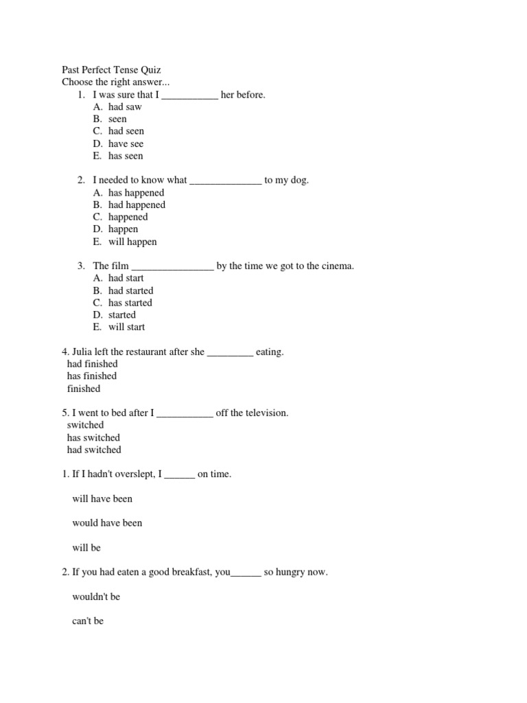 Past Perfect Tense Quiz Questions | PDF | Grammar | Language Mechanics