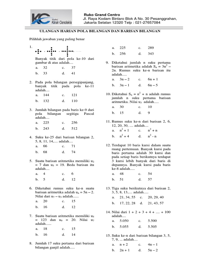 Soal UAS MTK (Deret, Relasi, PGL) Kelas 8 SMP 1 PDF | PDF