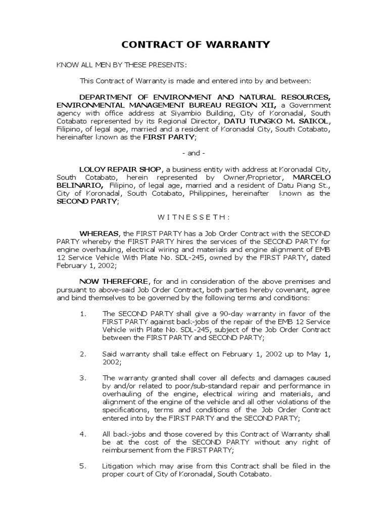 Contract of Warranty | PDF | Business Law | Civil Law (Legal System)