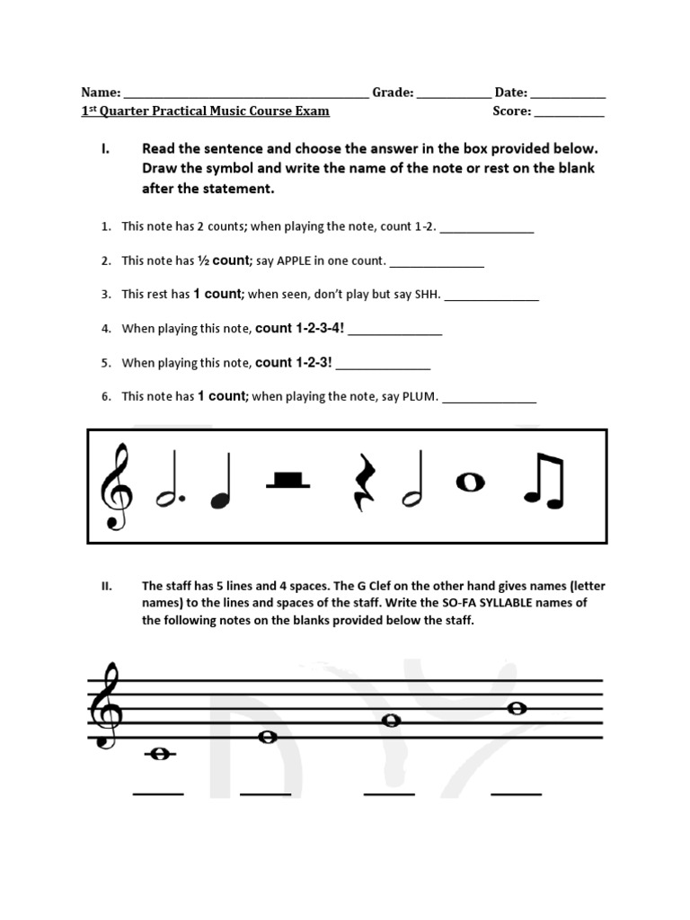 Grade 3 Music Exam Worksheet | PDF