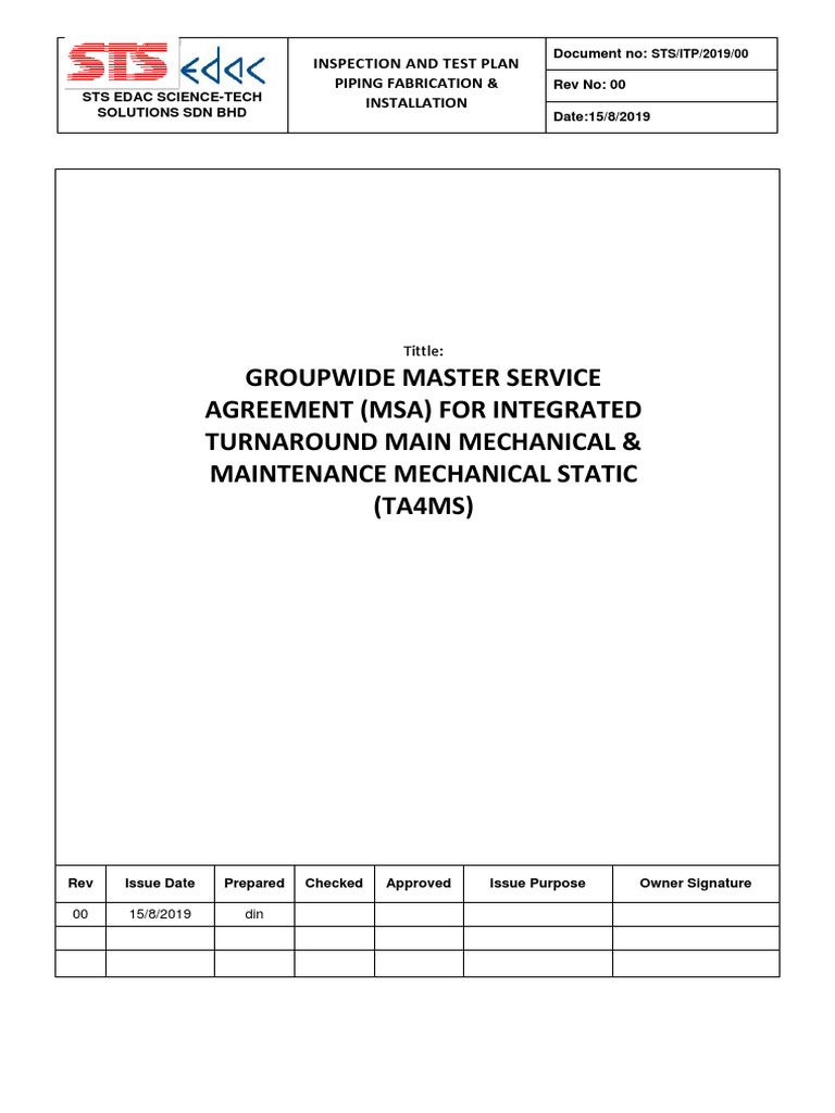 Sample Template Itp For Piping Fabrication and Installation | PDF ...