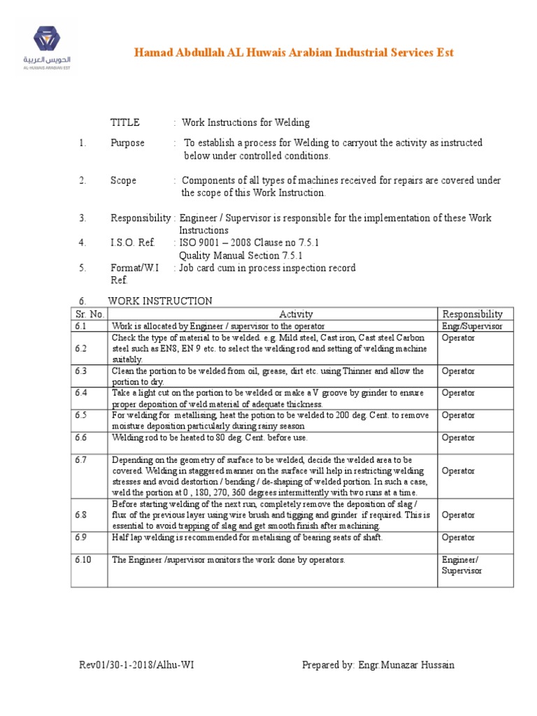 W10 Work Instructions For Welding | PDF | Welding | Construction
