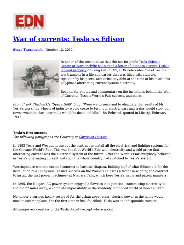 War of Currents Tesla Vs Edison | PDF | Nikola Tesla | Electric Motor