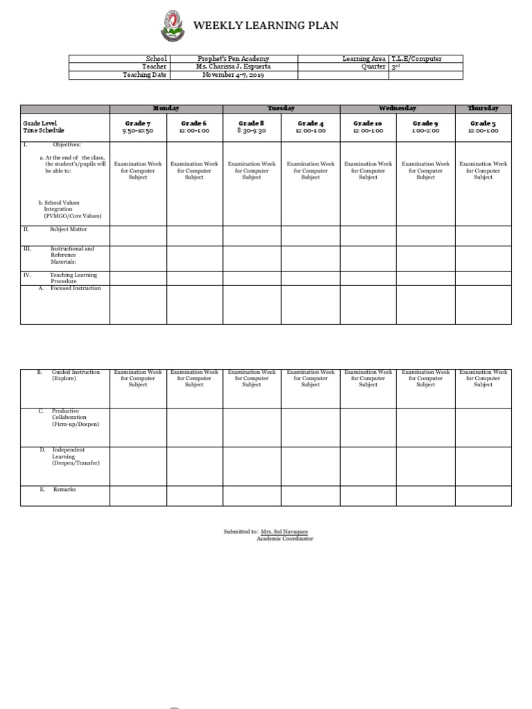 Weekly Learning Plan | PDF | Teachers | Students