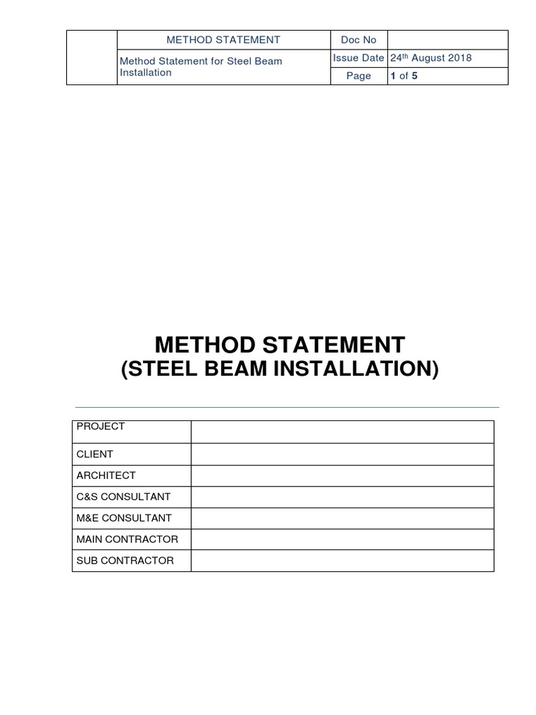Steel Beam Installation Method Statement | PDF | Welding | Construction