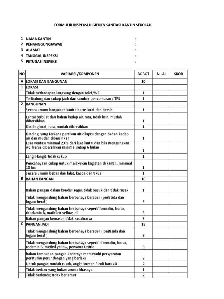 Form Sanitasi Sehat Kantin Sekolah | PDF