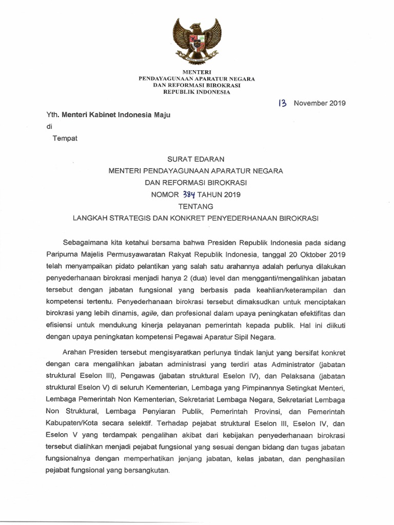 Surat Edaran Menteri PANRB Nomor 384 Tentang Langkah Strategis Dan Konkret Penyederhanaan ...
