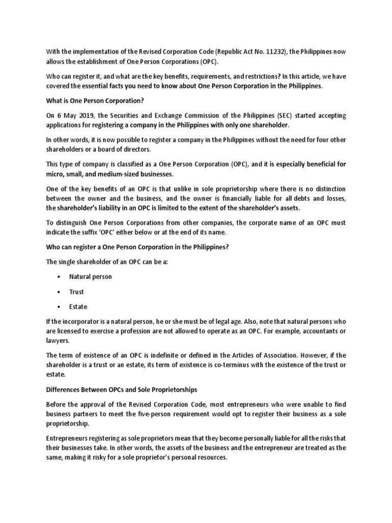 One Person Corporation | PDF | Sole Proprietorship | Corporations