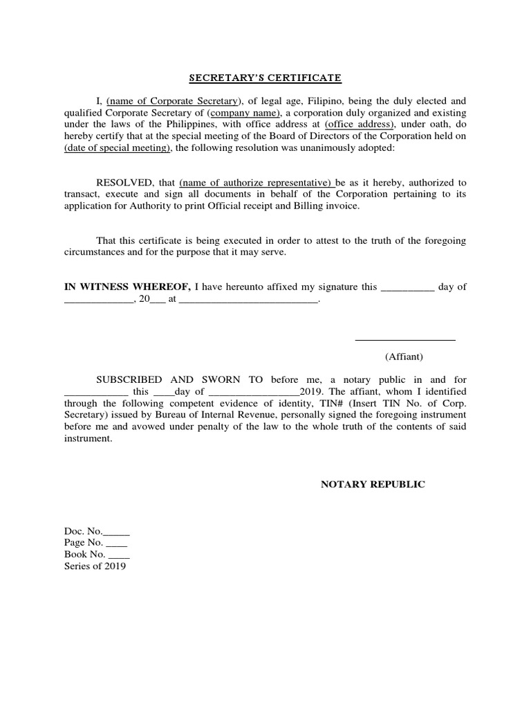 SECRETARY CERT For Application of Authority To Print | PDF