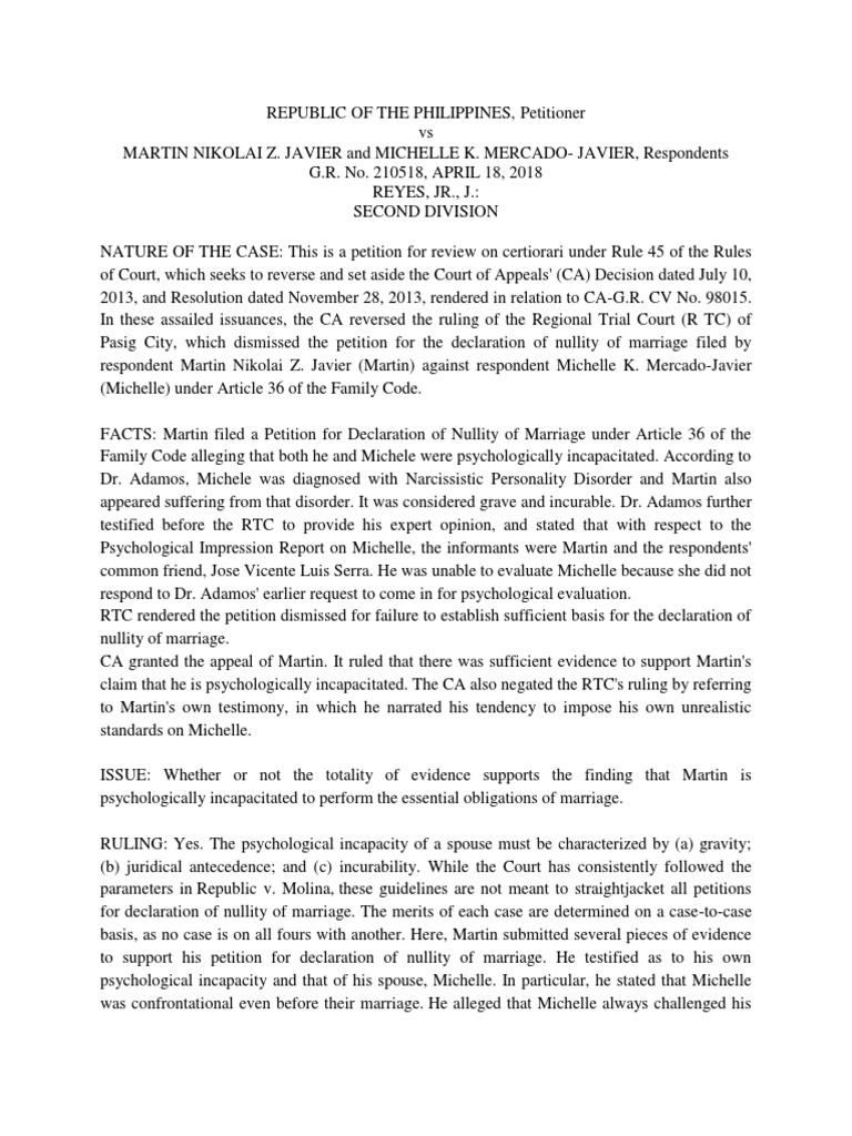 CA ruling on psychological incapacity annulment case | PDF | Testimony ...