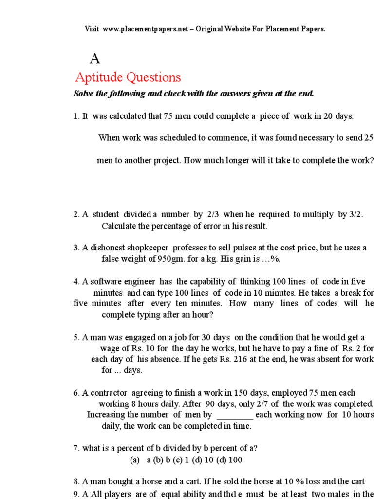Aptitude Test Paper By Teaching Mathematics 