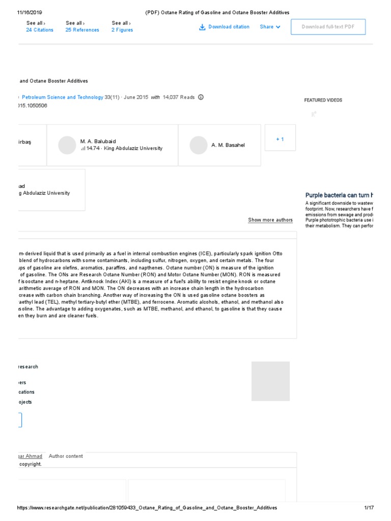 (PDF) Octane Rating of Gasoline and Octane Booster Additives | PDF ...