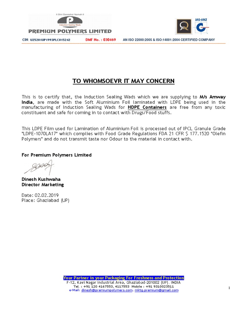 Food Grade Certificate (2019) PDF | PDF