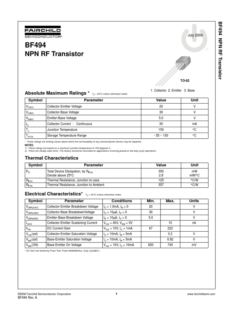 BF494 | PDF | Bipolar Junction Transistor | Electronics