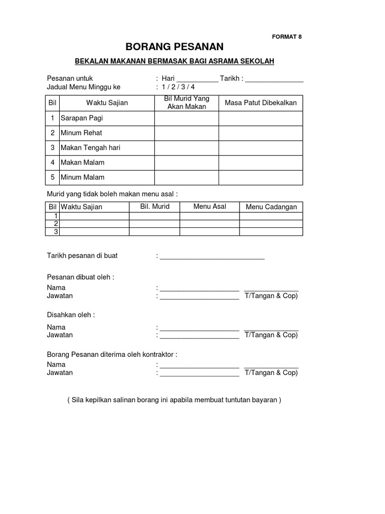 BMB - FORMAT 8 (Jadual 8) Borang Pesanan PDF | PDF