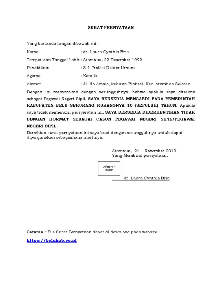 4 Surat Pernyataan Bersedia Mengabdi | PDF