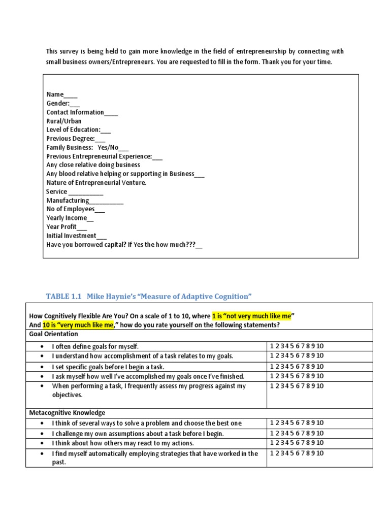 Questionnaires Entrepreneurship | PDF | Entrepreneurship | Metacognition