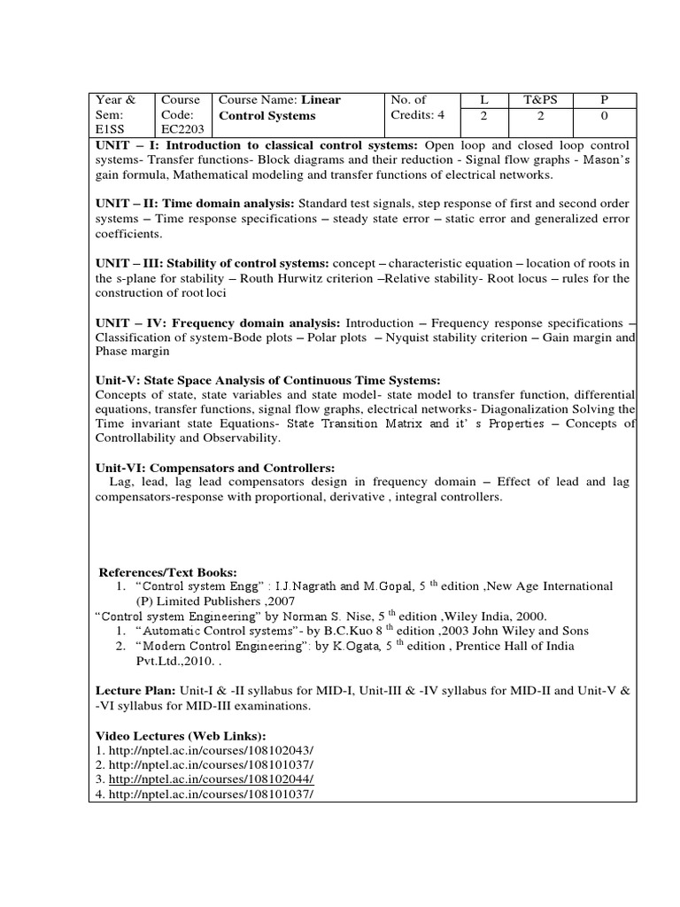 E2 Linear Control Systems Syllabus | PDF