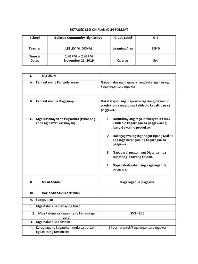 Daily Lesson Plan ESP 9 | PDF