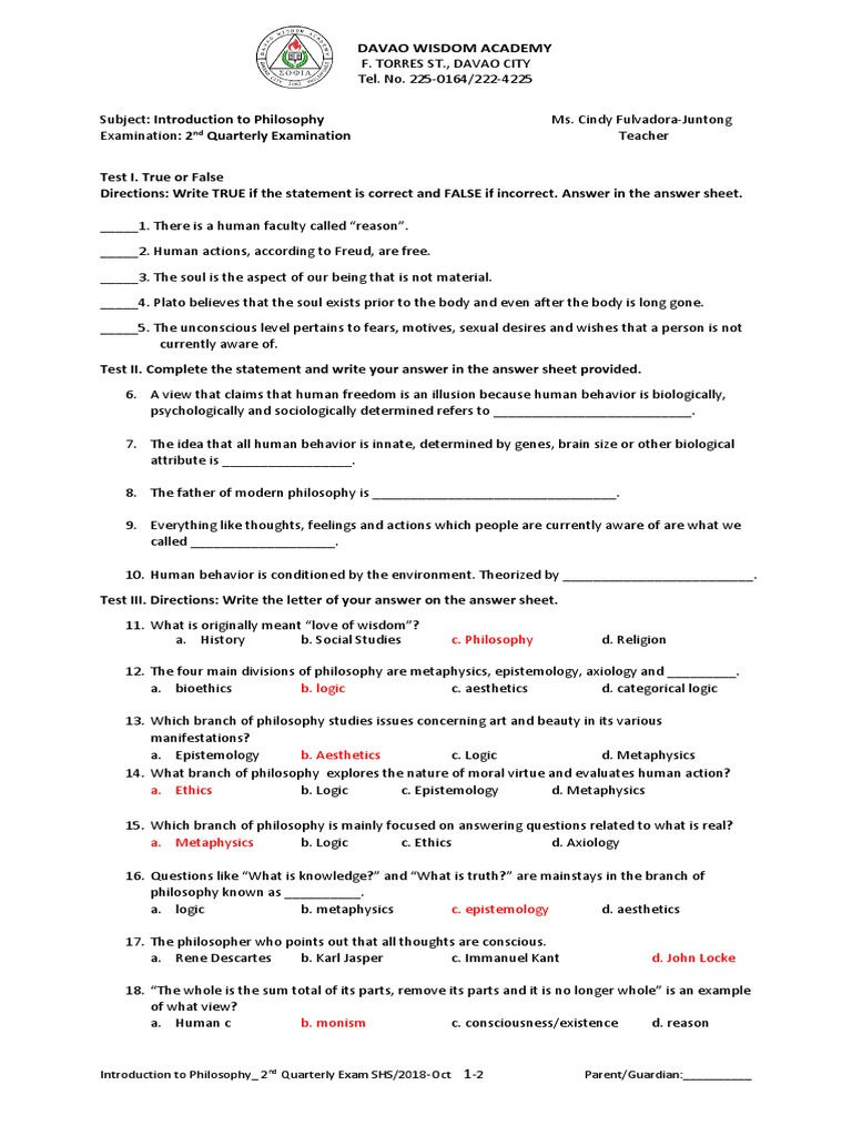 Philo 2nd Quarterly Exam | PDF | Reason | Thought