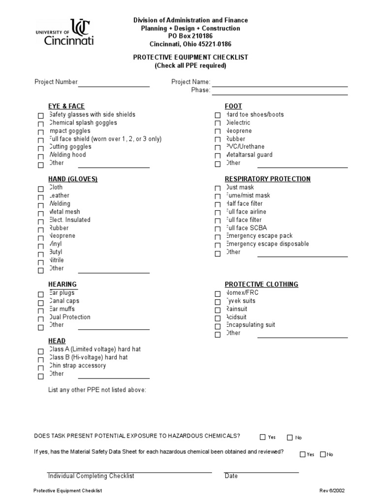 Protective Equipment Checklist | PDF | Personal Protective Equipment ...