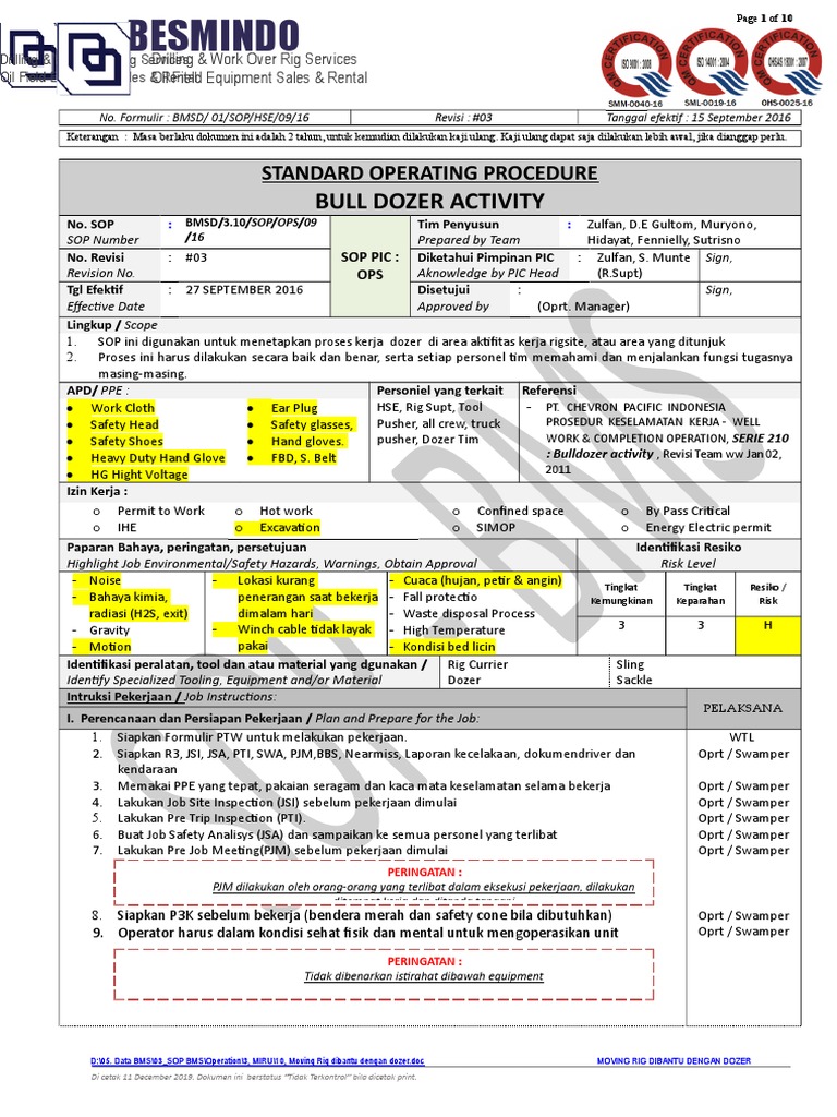 Prosedur Operasi Dozer di Rigsite | PDF