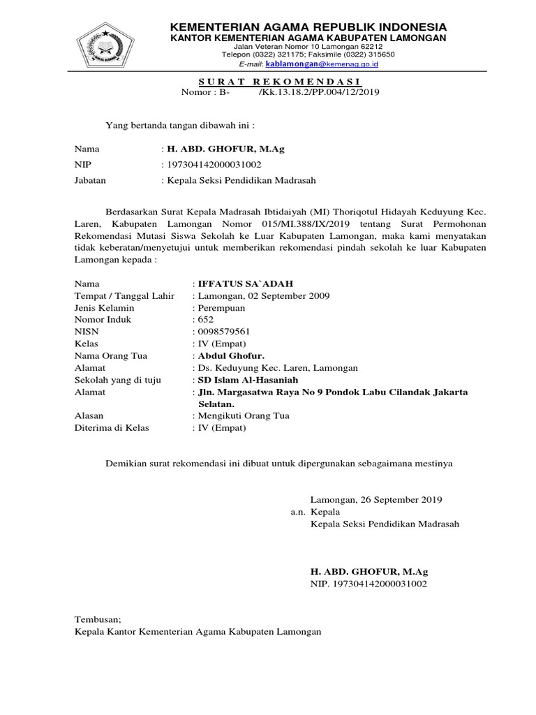 Rekom Mutasi Siswa Mi | PDF