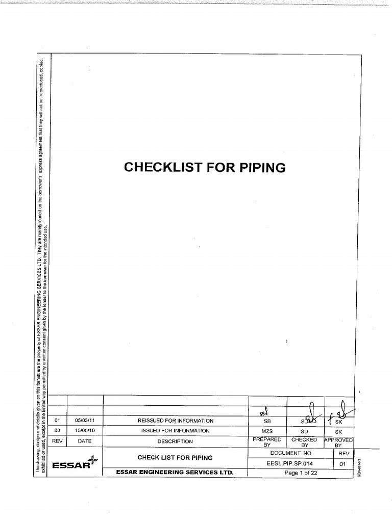 Piping Checklists by Essar Engineering | PDF | Pipe (Fluid Conveyance ...