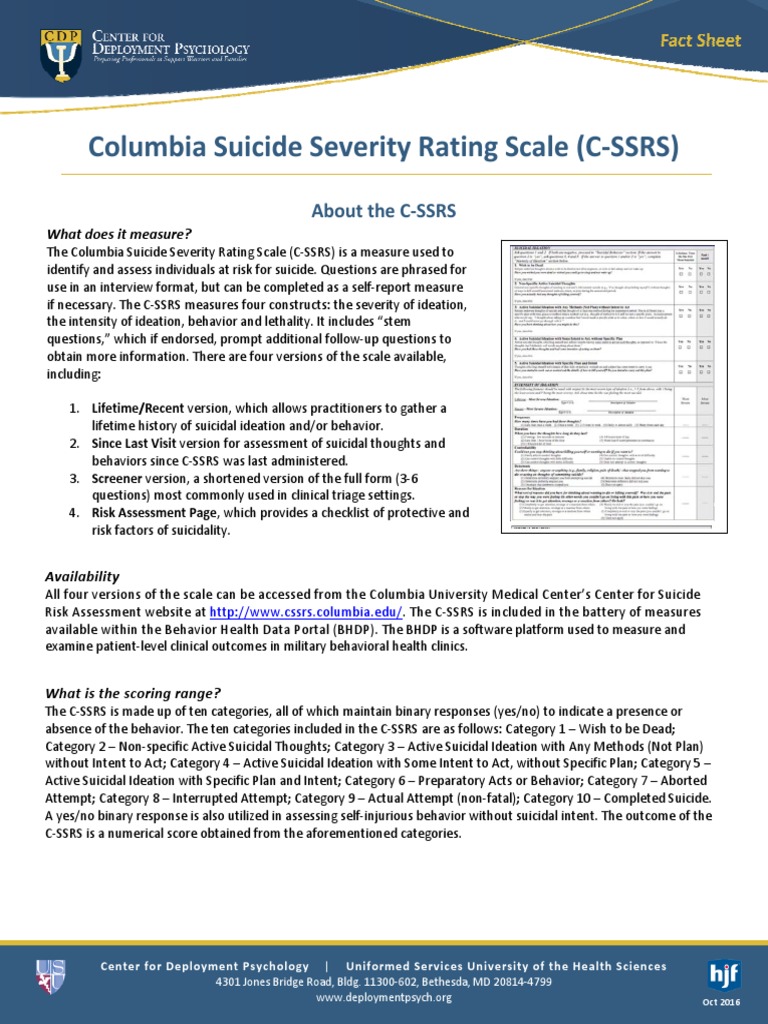 C-SSRS Factsheet PDF | PDF | Behavioural Sciences | Mental Health