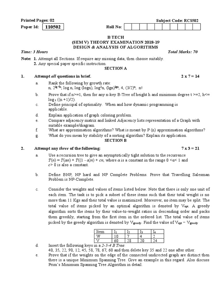 Btech Cs 5 Sem Design and Analysis of Algorithms Rcs 502 2018 19 | PDF | Computer Science ...