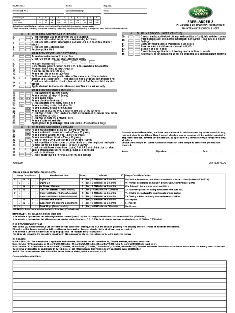 Landrover Freelander 2 Maintenance Schedule | PDF | Motor Oil | Vehicles