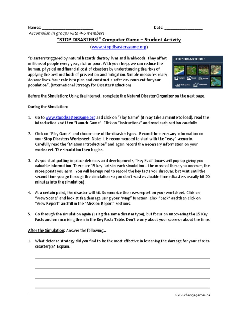 Stop Disasters Worksheet | PDF | Simulation | Emergency Management