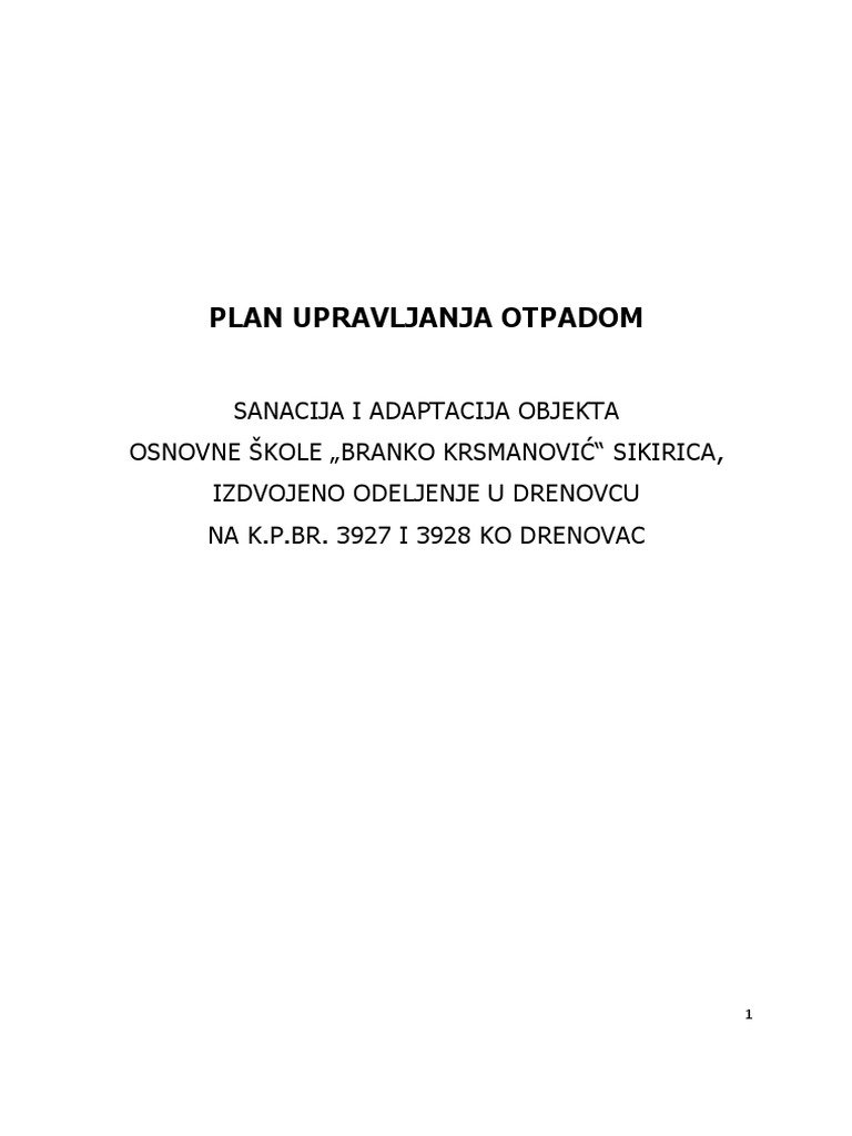 Plan Upravljanja Otpadom Branko Krsmanovic - Drenovac | PDF