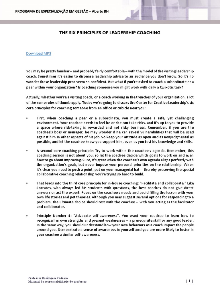 Six Principles of Leadership Coaching | PDF | Self Awareness | Leadership