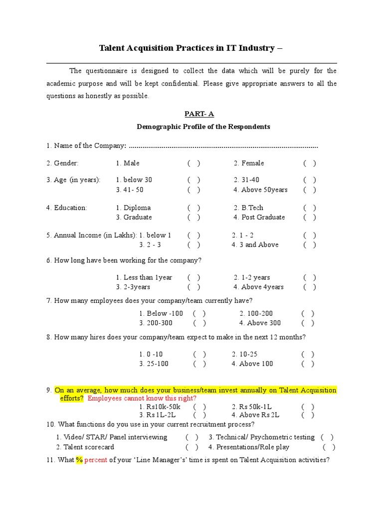 QUESTIONNAIRE - IT Industry | PDF | Employee Benefits | Recruitment