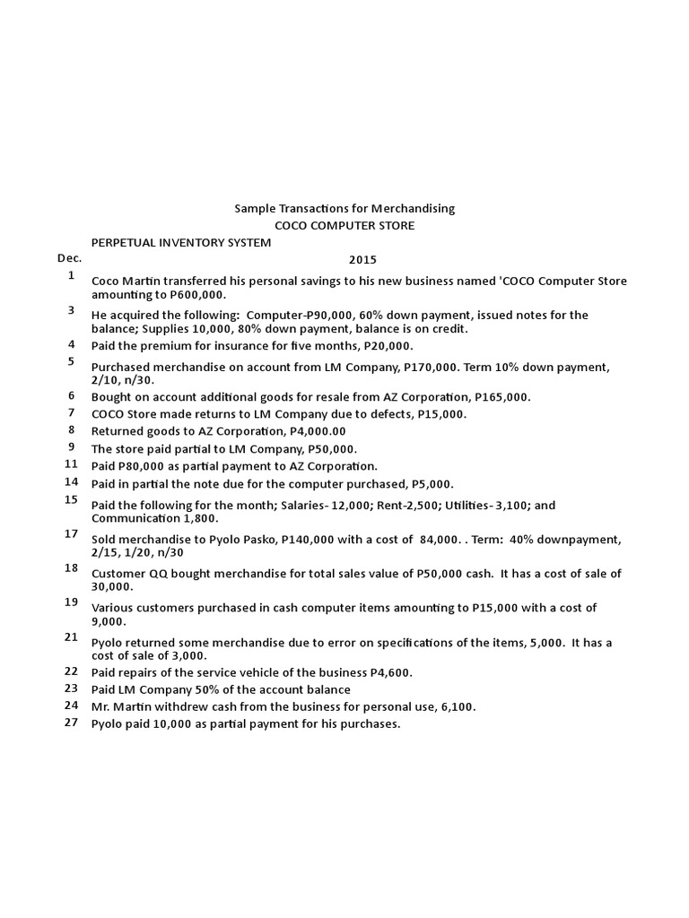 Merchandising Perpetual Inv Sys Coco Computer Store | PDF | Debits And ...