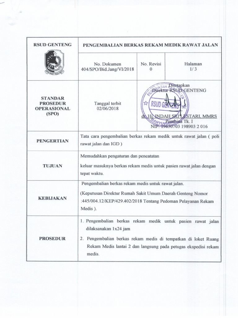 Spo Pengembalian Berkas Rekam Medis Rawat Jalan | PDF