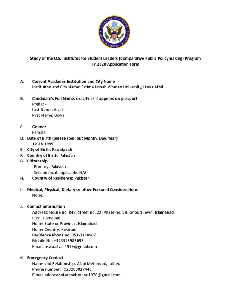 2020 SUSI Application Form - Final | PDF | Islamabad | World Politics