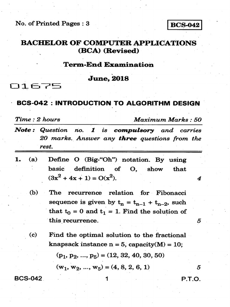 BCS-042 Algorithm Design Exam Paper | PDF | Mathematical Logic | Algorithms