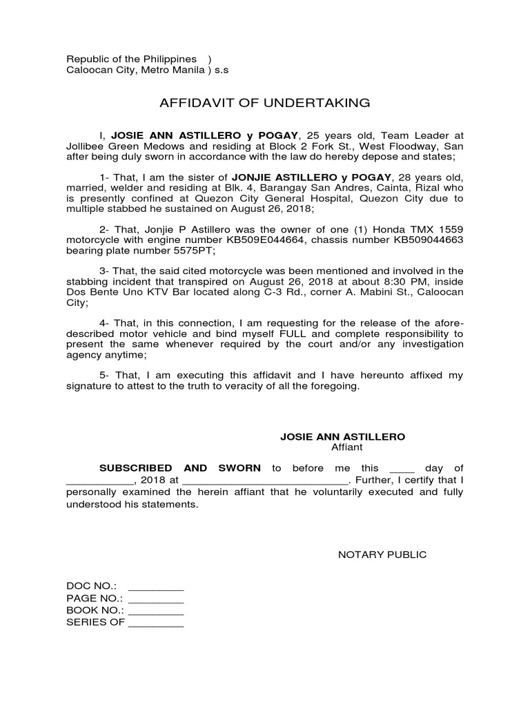 Affidavit of Undertaking for Motorcycle Release | PDF