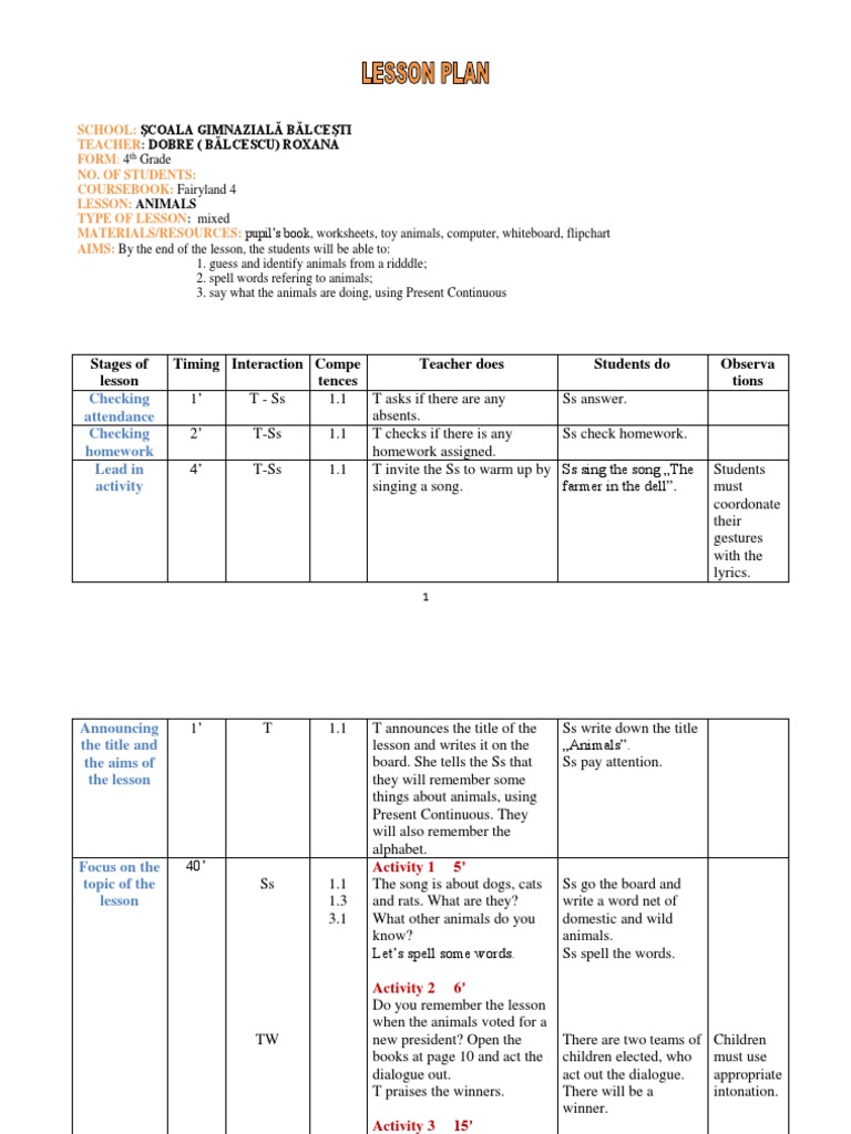 Lesson Plan 4th Grade Animals Pdf Communication Learning
