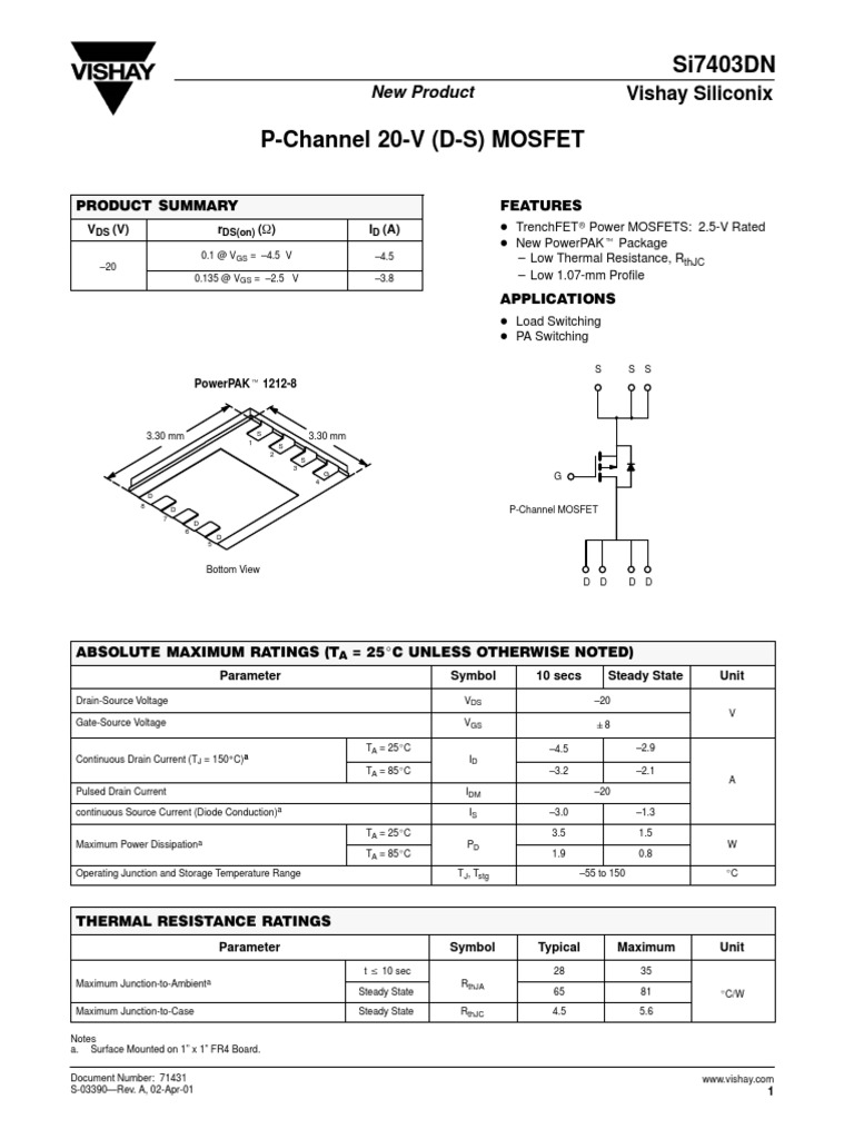 Si 7403 DN | PDF | Field Effect Transistor | Mosfet