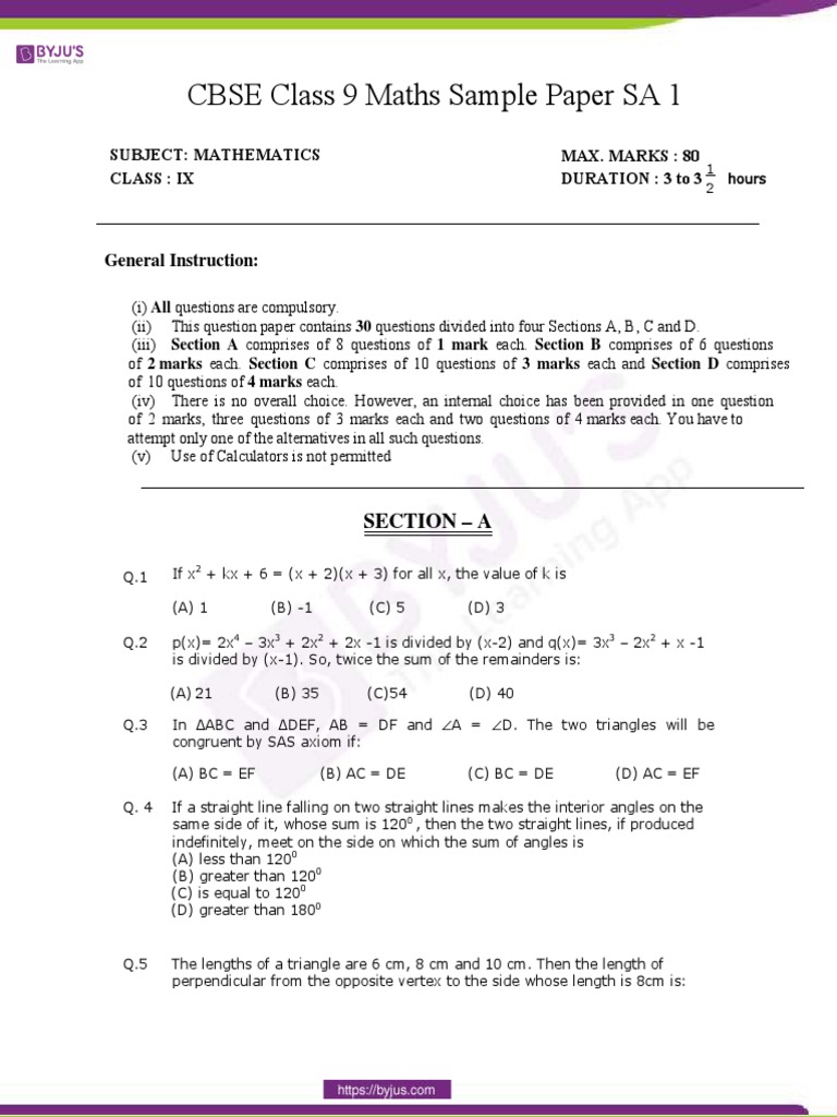 CBSE Class 9 Sample Paper For Maths SA 1 Set 1 PDF Rectangle Triangle