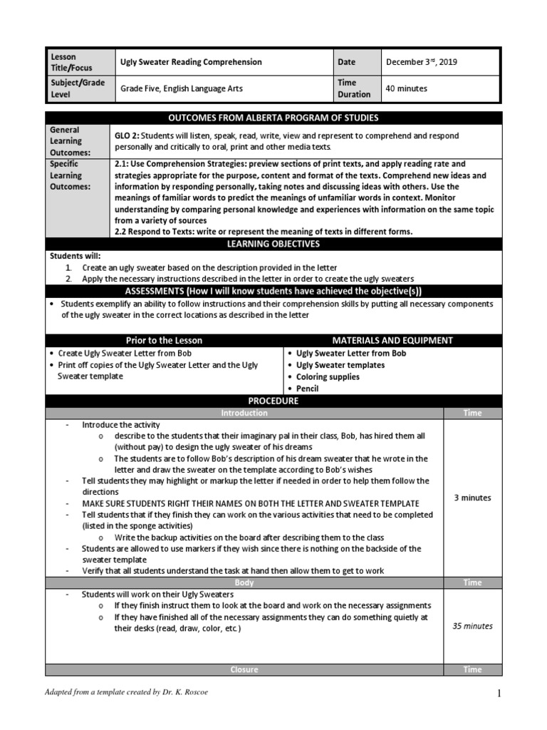 Ugly Sweater Lesson Plan | PDF | Reading Comprehension | Learning