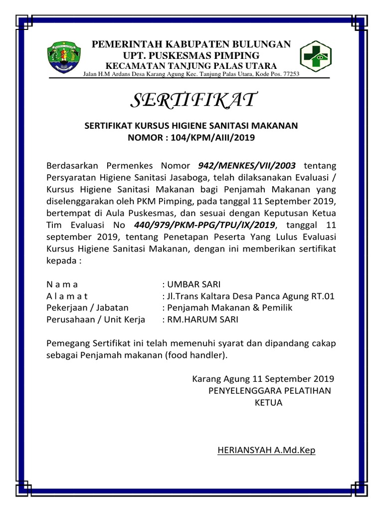 Sertifikat Damiu | PDF