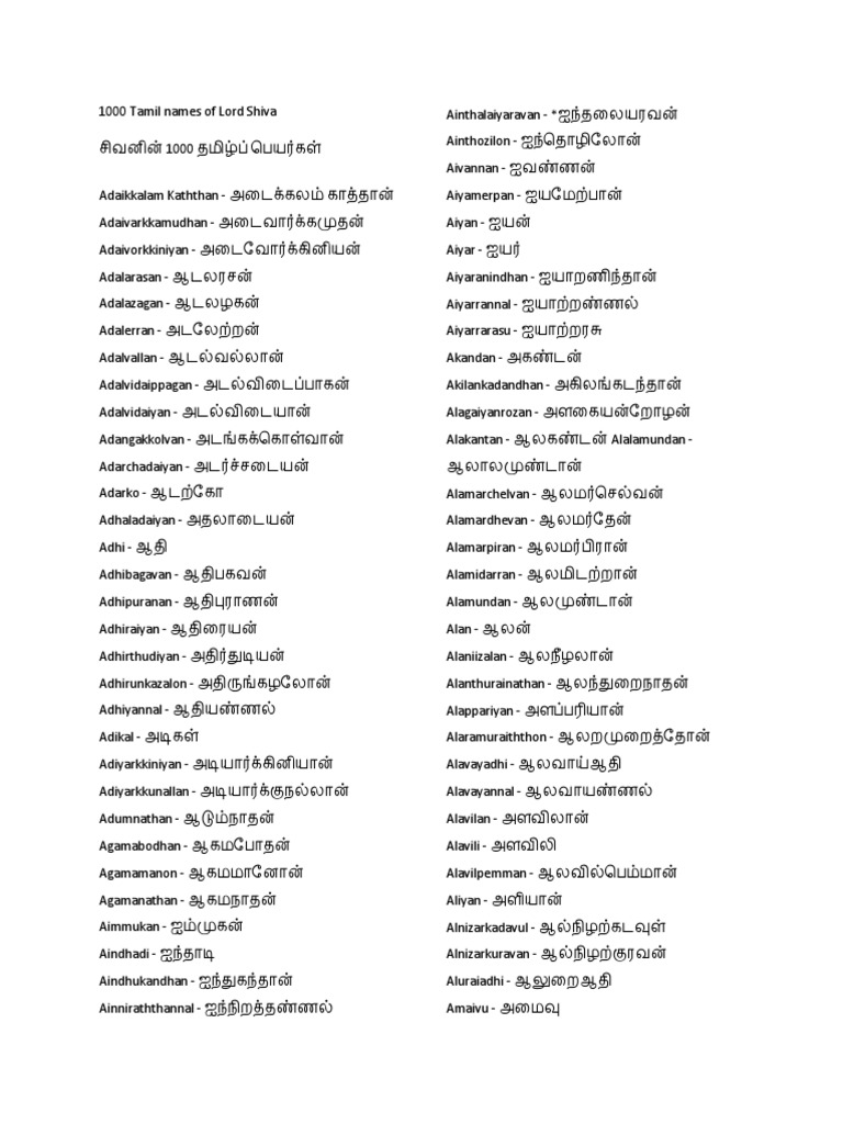 1000 Tamil Names of Lord Shiva | PDF
