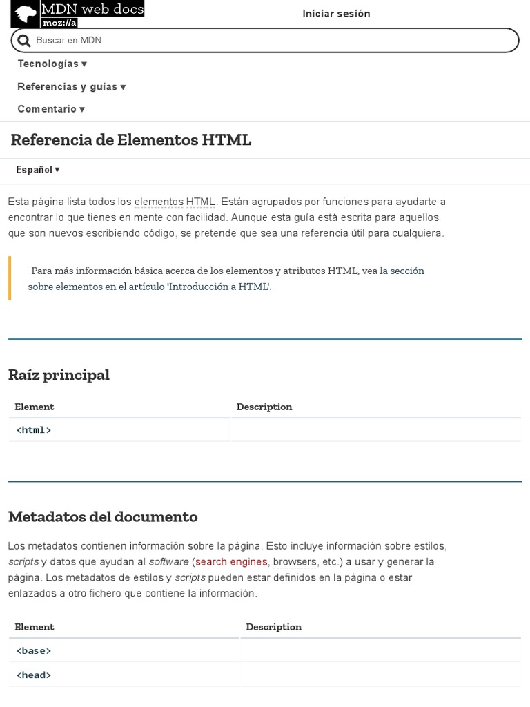 Referencia de Elementos HTML - HTML - MDN | PDF | HTML | Metadatos
